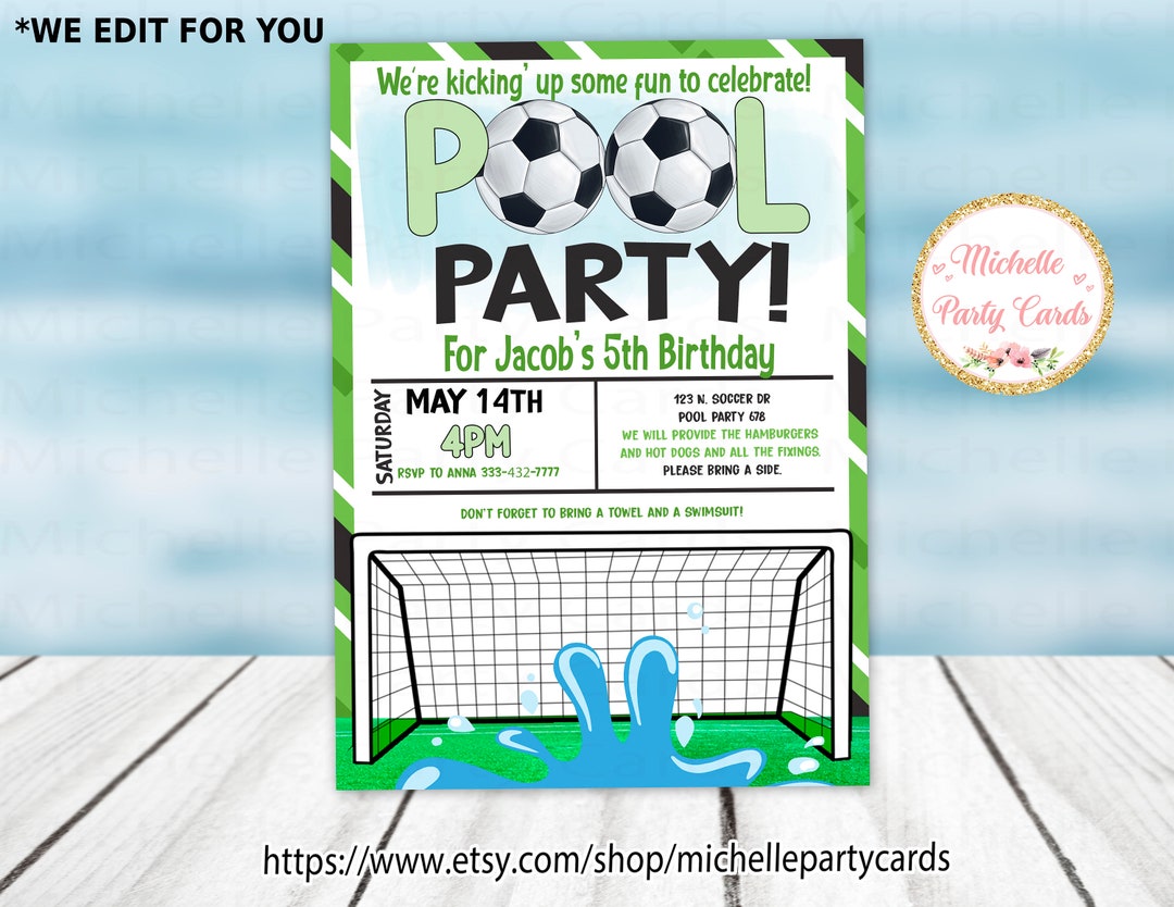 Soccer Pool Party Invitation, Soccer Birthday, Soccer Party, Pool ...
