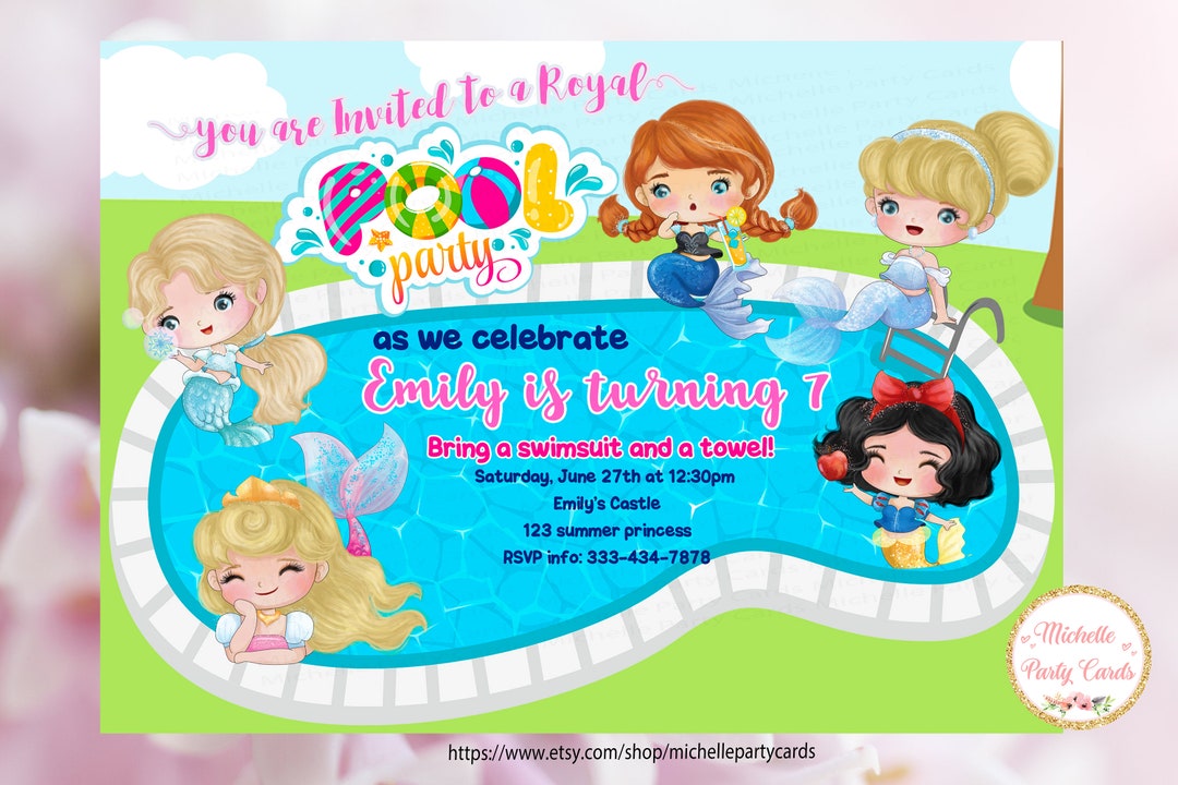 Pool Party Invitation Summer, Princess Pool Party, Princess Mermaid ...