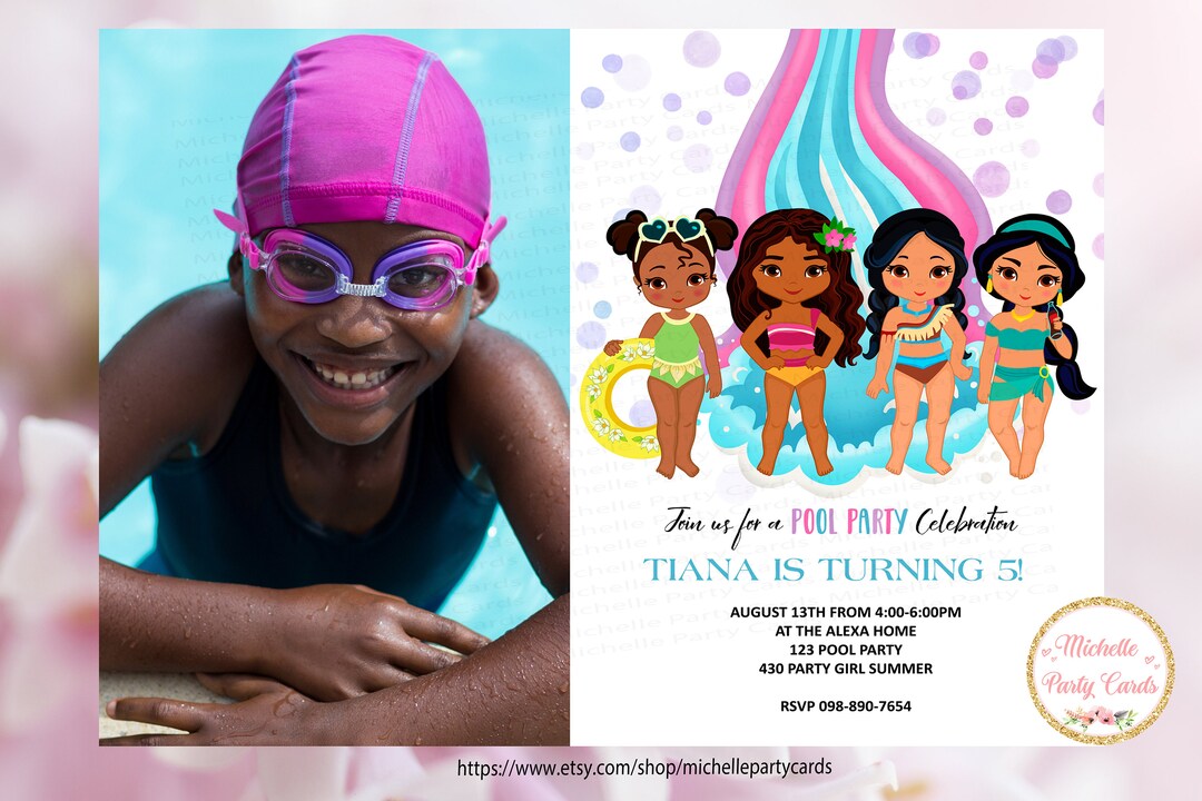 Princess Pool Party African American Invitation, Princess Multicultural ...
