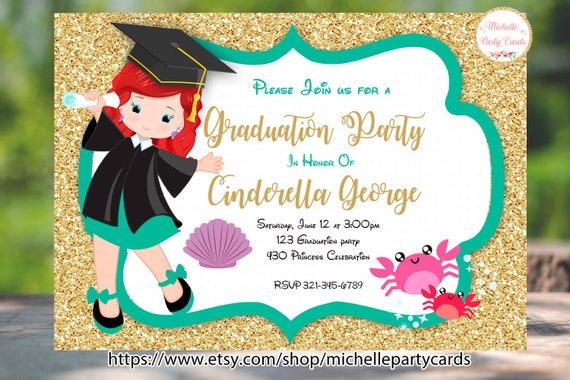 Princess Ariel Graduation Invitation Party Girl Princess | Etsy