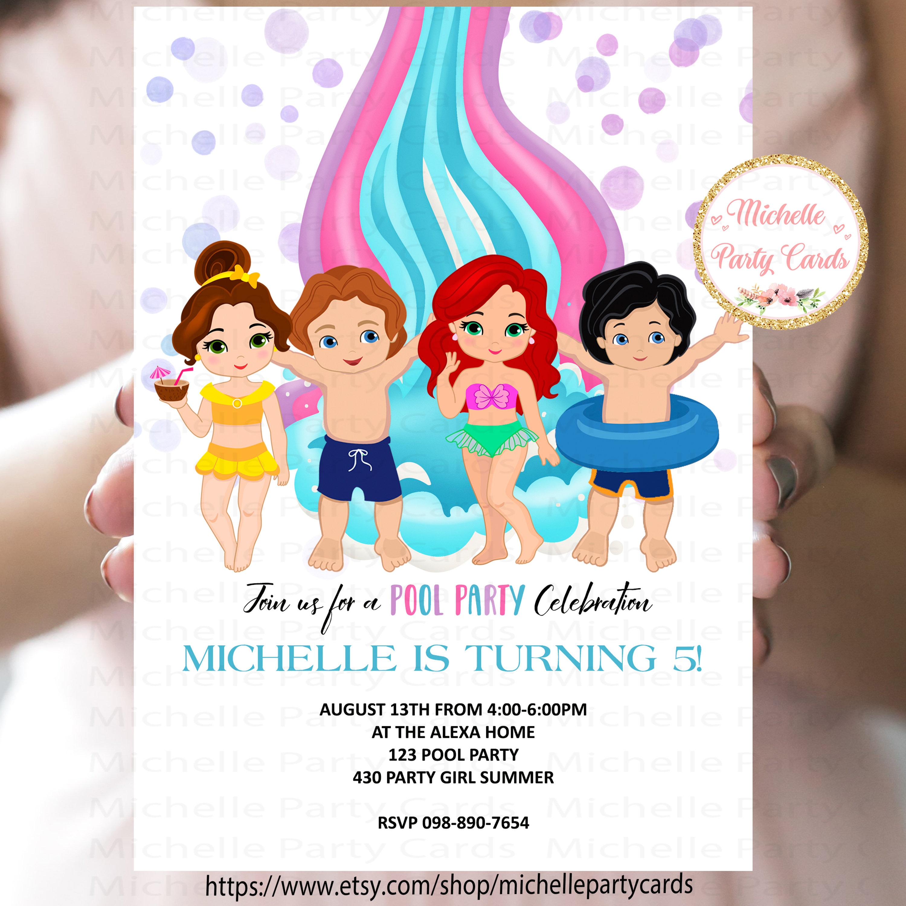 Princesses and Princes Invitation, Princess Pool Party, Water Slide ...