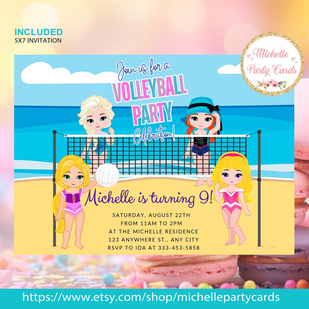 Princess Volleyball Party Invitation, Volleyball Beach Party ...