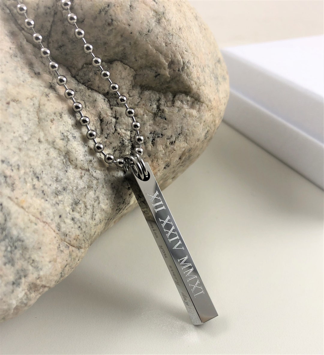 Personalized Stainless Steel Bar Necklace: Roman Numerals, Custom ...
