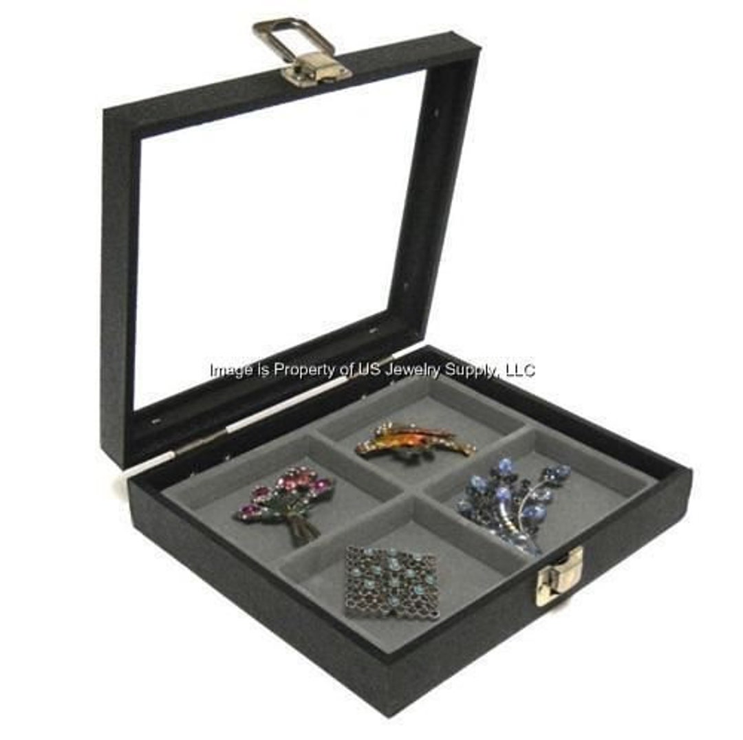 Key Lock Locking Glass Top Lid 4 Space Grey Display Box Case Jewelry ...