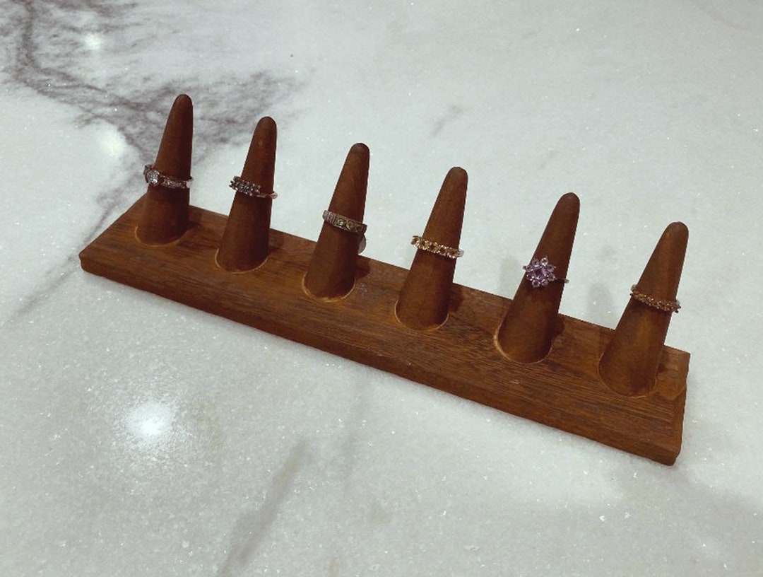 Rustic Brown Stained Wood 6 Ring Finger Ring Display Stand Storage and ...