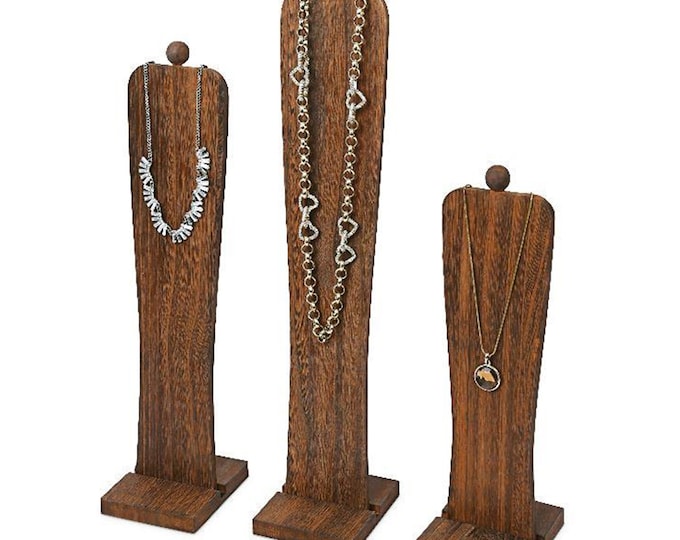 3 Piece Set Brown Stained Wooden Free Standing Necklace Chain Jewelry ...