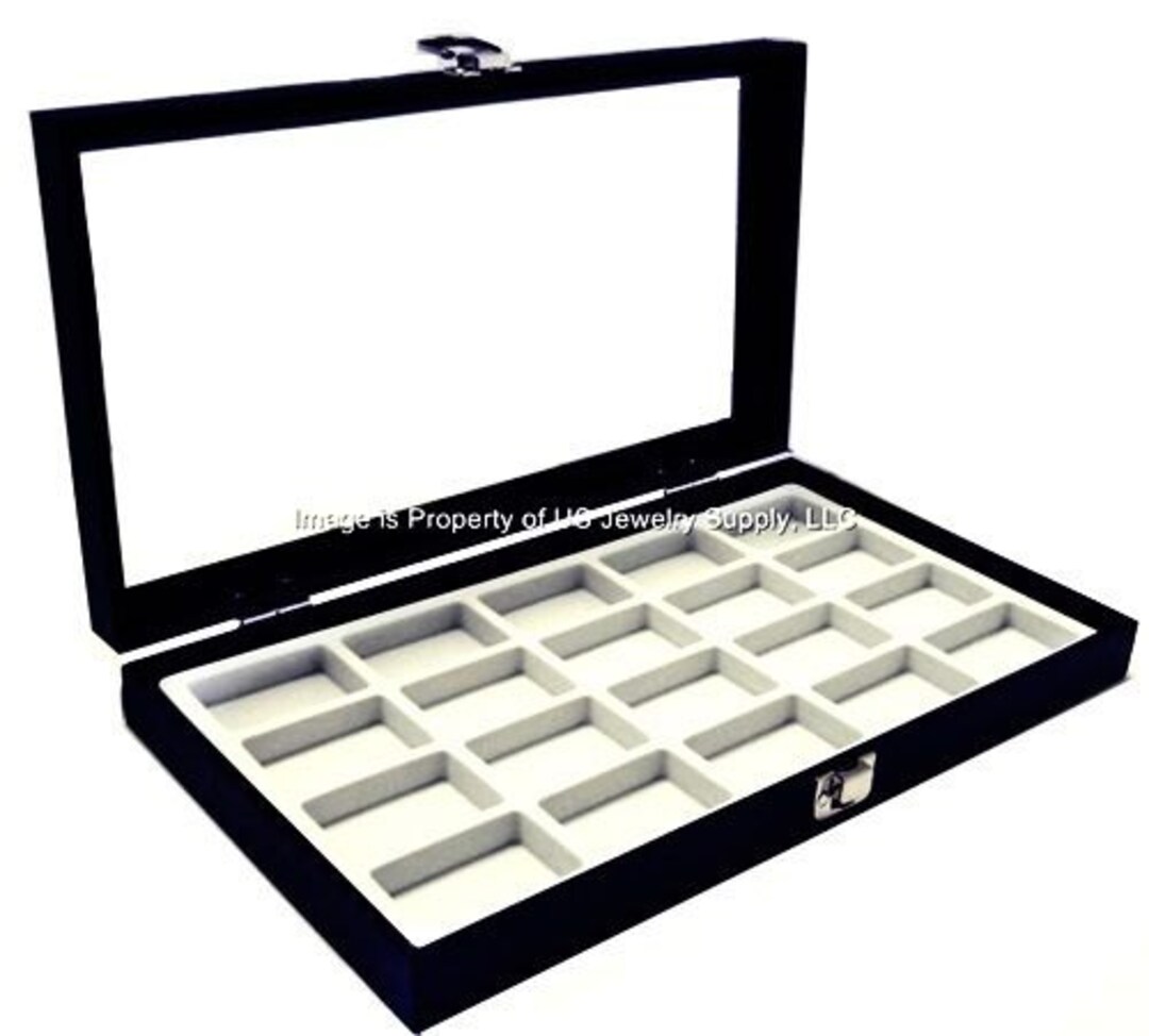 Key Lock Locking Glass Top Lid 20 Space Display Box Case Jewelry Pin ...