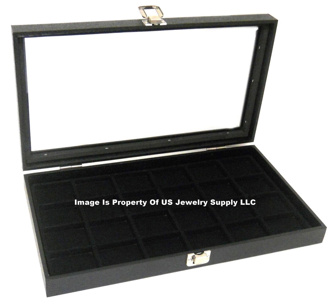 Key Lock Locking Glass Top Lid Black 24 Space Storage Display Box Case ...