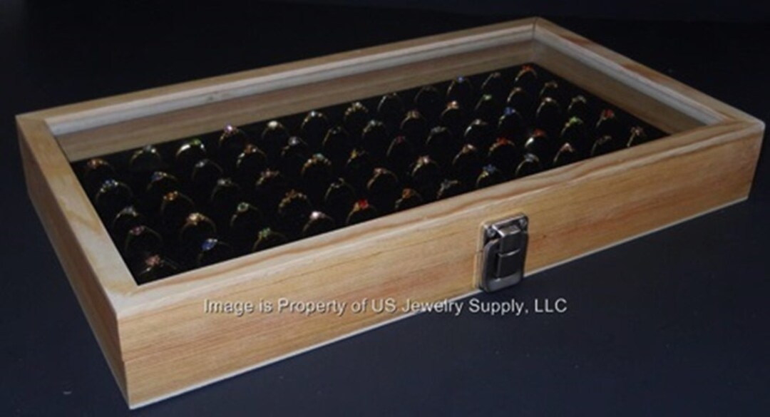 Key Lock Locking Natural Wood Glass Top Lid 72 Ring Black Showcase ...