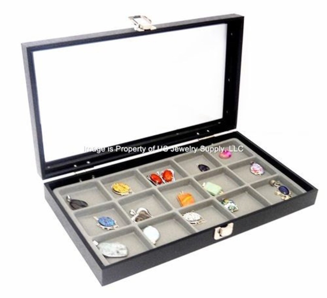 Key Lock Locking Glass Top Lid Grey 15 Space Storage Display Box Case ...