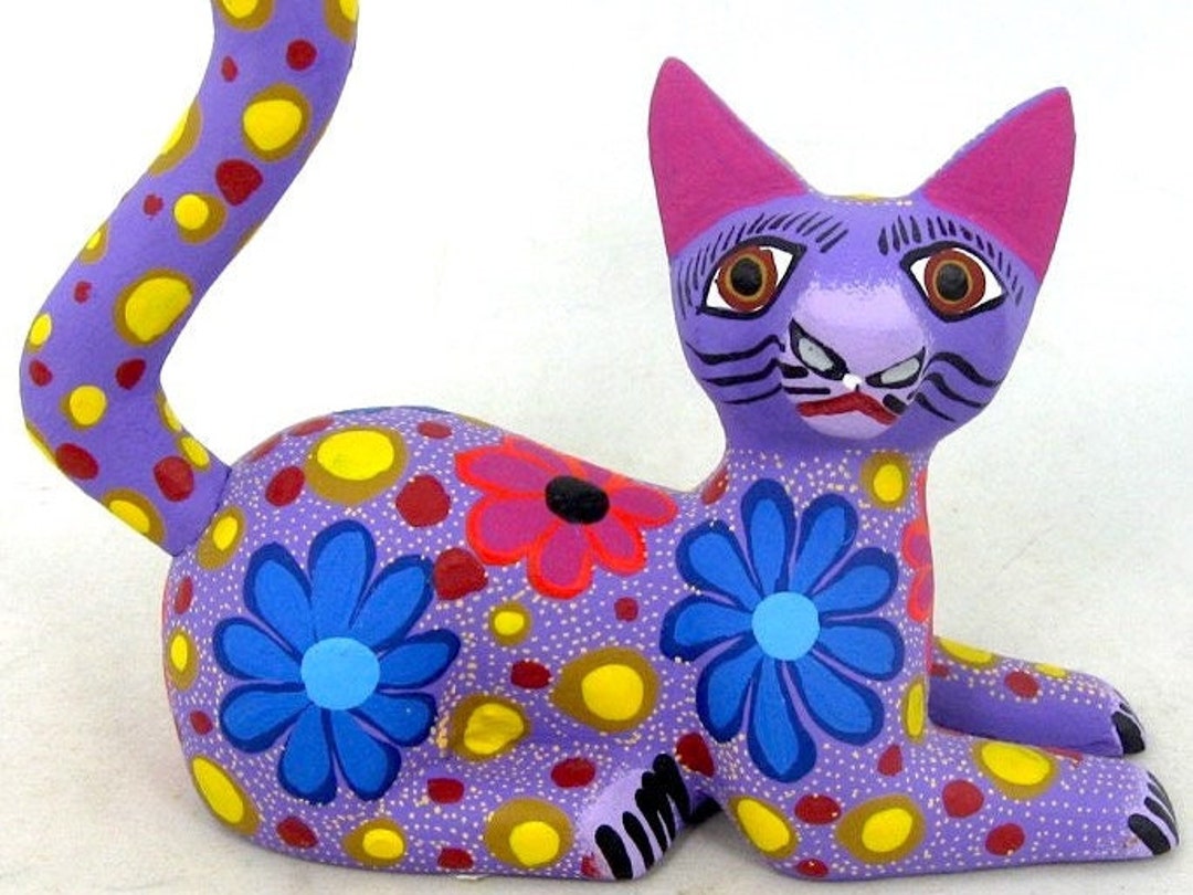 OAXACAN Wood Carving of Purple Cat Covered With Flowers Handmade by ...