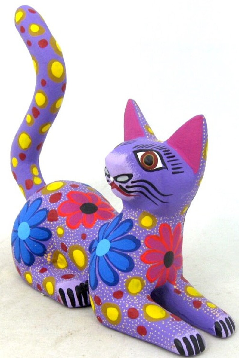 OAXACAN Wood Carving of Purple Cat Covered With Flowers Handmade by ...