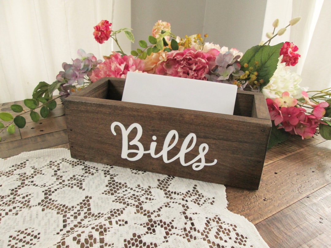 Wooden Bills Box, Rustic Desk Organizer, Mail or Coupon Holder, Kitchen ...