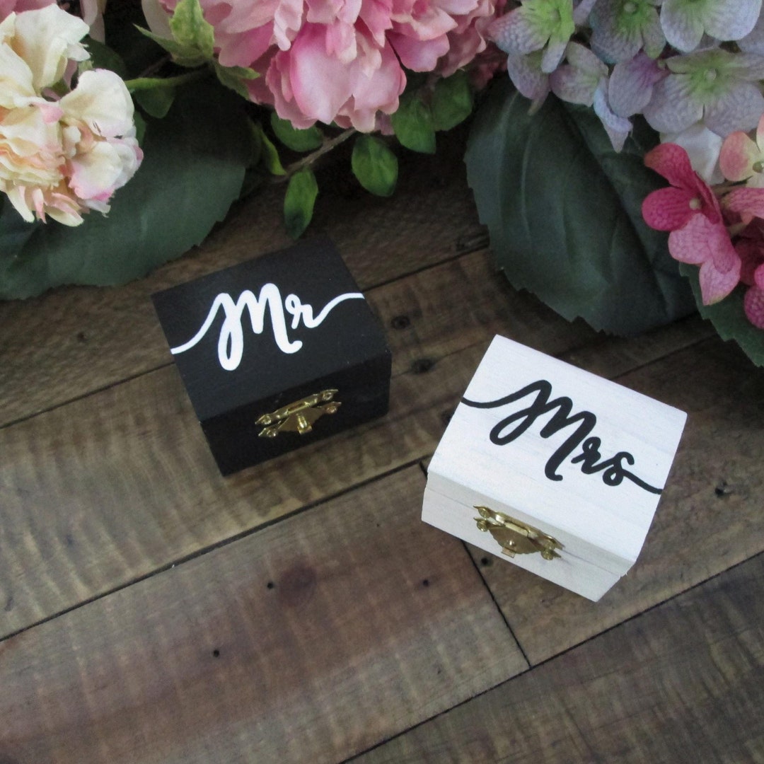 Mr and Mrs Wooden Wedding Ring Box Set, Wood Ring Bearer Boxes, Black ...