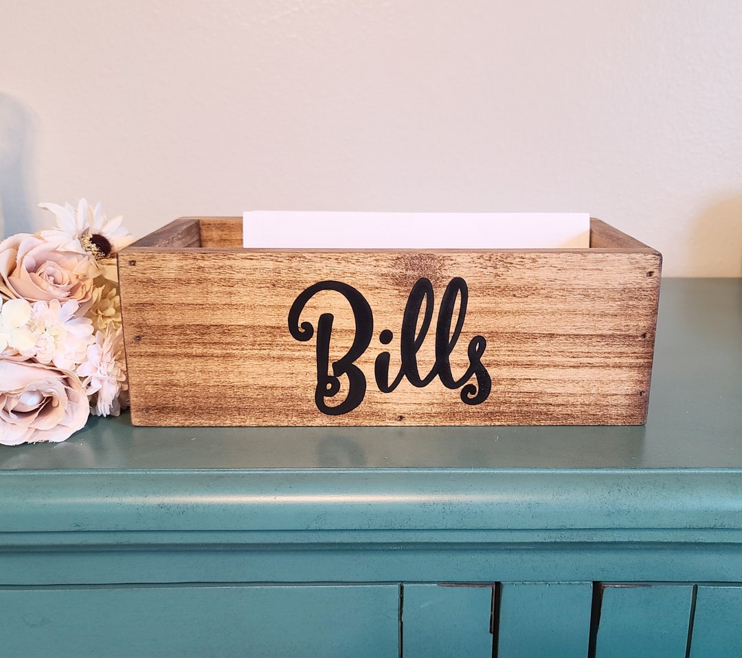 Wooden Bills Box, Rustic Desk Organizer, Mail or Coupon Holder, Kitchen ...