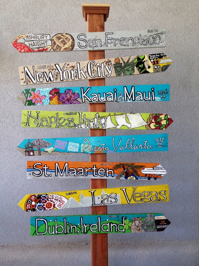 Hand Painted and Lettered City Signs With 3-4 Landmarks on Recycled ...