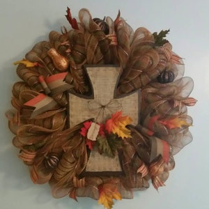 Beautiful, Fall, Autumn, Everyday, Cross, Blessings, Deco Mesh Wreath ...