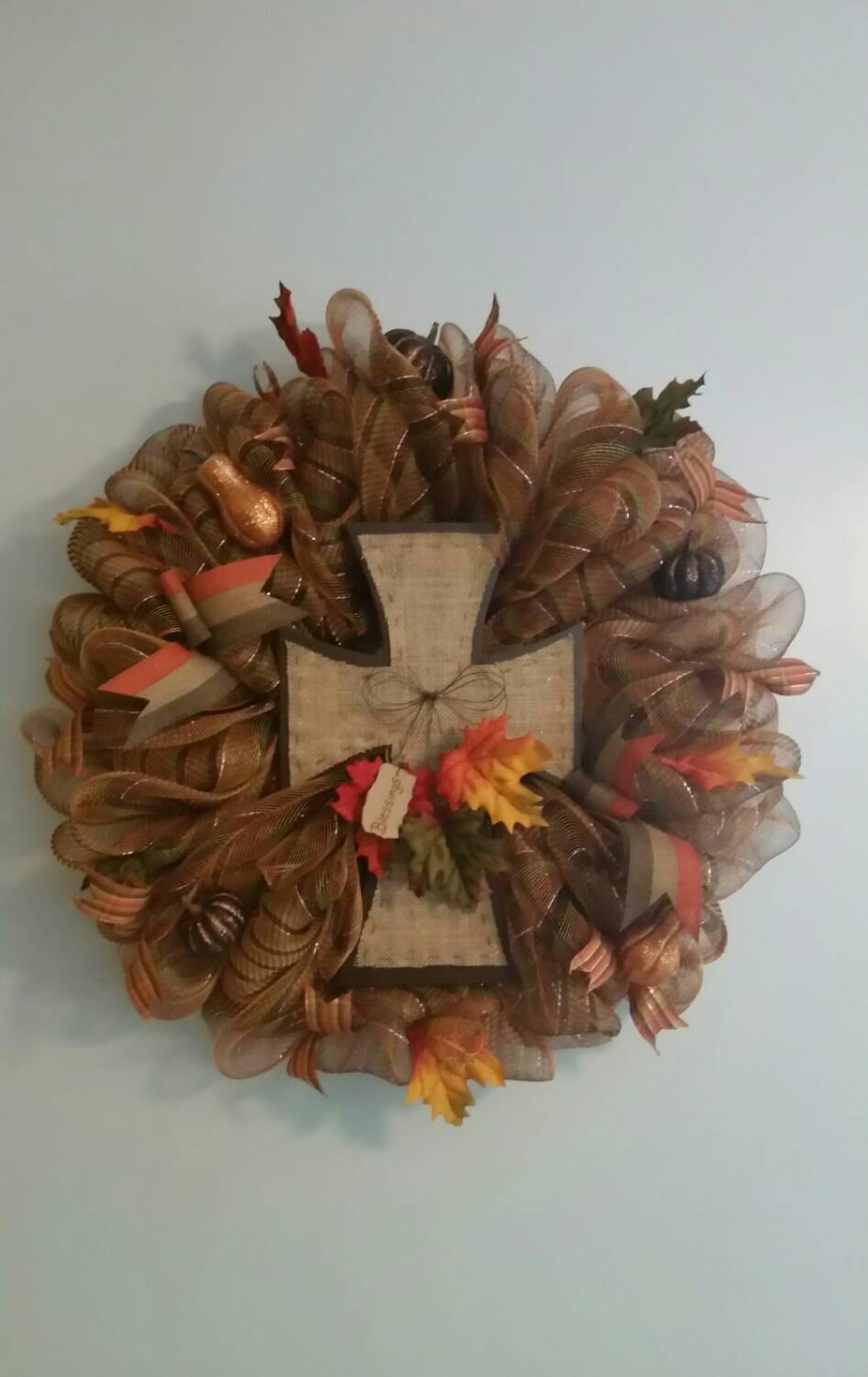 Beautiful, Fall, Autumn, Everyday, Cross, Blessings, Deco Mesh Wreath ...