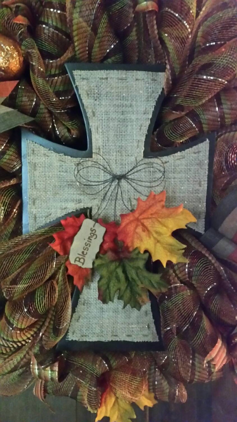 Beautiful, Fall, Autumn, Everyday, Cross, Blessings, Deco Mesh Wreath ...
