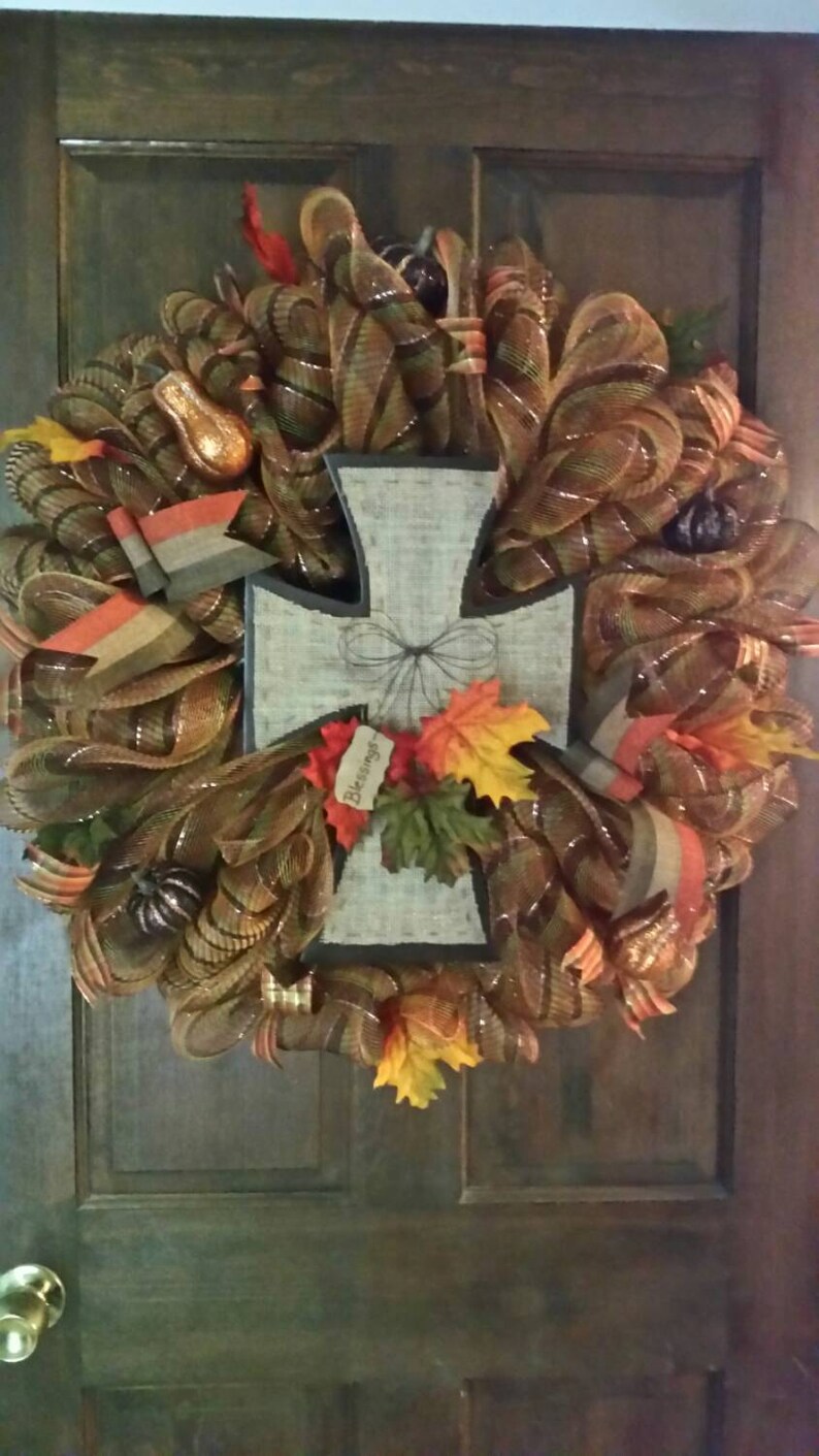 Beautiful, Fall, Autumn, Everyday, Cross, Blessings, Deco Mesh Wreath ...