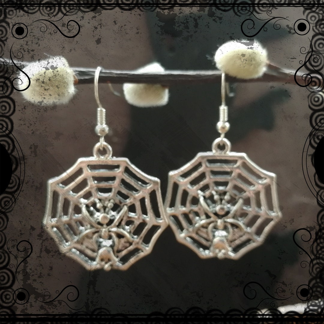 Pendientes de araña y telaraña de plata, diosa araña, Aracne, hilado ...
