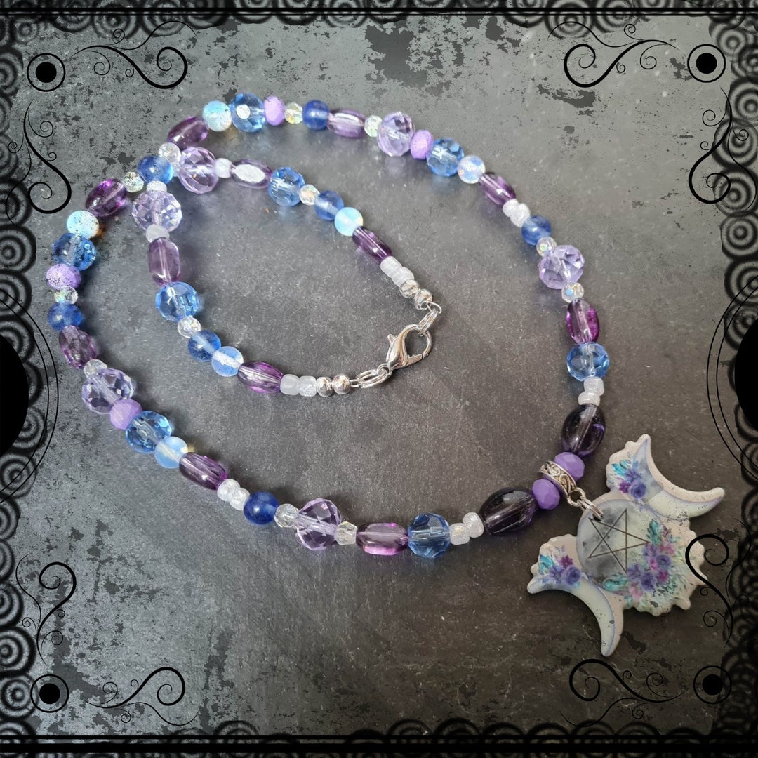 Lavender and Blue Wiccan Necklace, Triple Moon Goddess, Pentacle ...