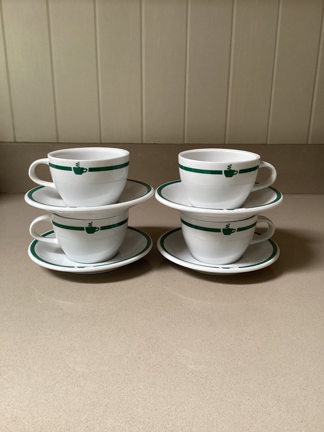 4 Sets Over and Back Inc Restaurant Ware Cups & Saucers Green and White ...