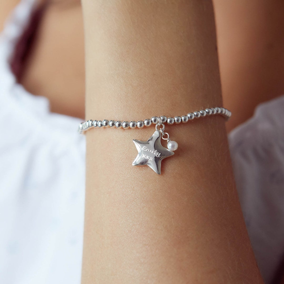 Engraved Star Sterling Silver Bracelet, Custom Birthstone, Personalized ...