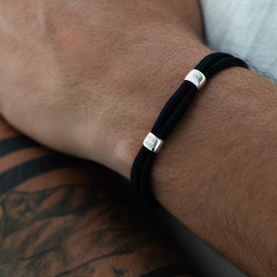Men s Personalised Black Cord and Silver Hook Bracelet Etsy