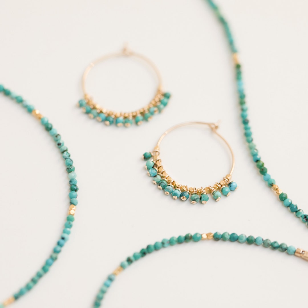 Tiny Turquoise and Gold Nugget Medium Hoops - Etsy
