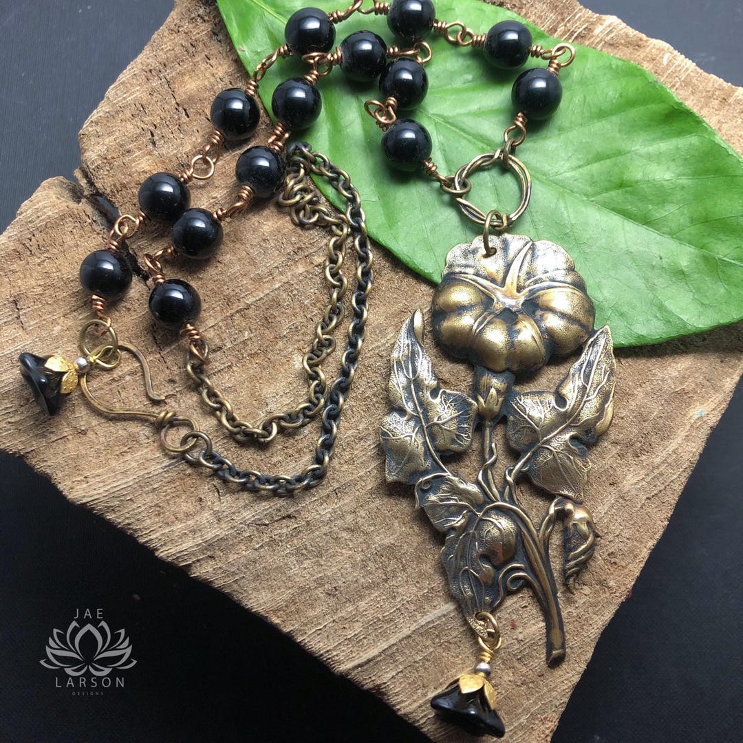 Brass Boho Flower Necklace Cottagecore, Black Czech Glass, Antiqued ...