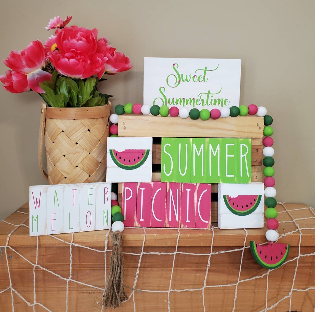 Watermelon, Tiered Tray, Summer Decor, Hand Painted, Wood Bead Garland ...