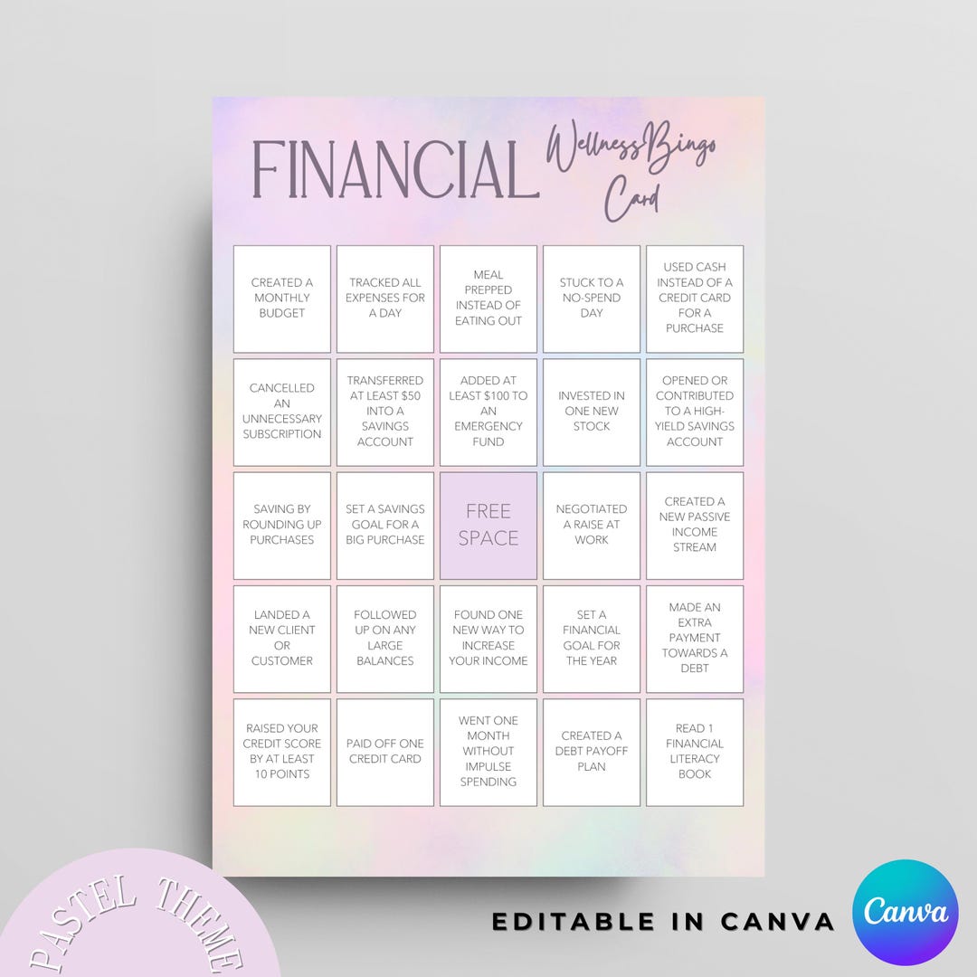 Financial Bingo Board Wellness Bingo Board Template Personal Finance ...