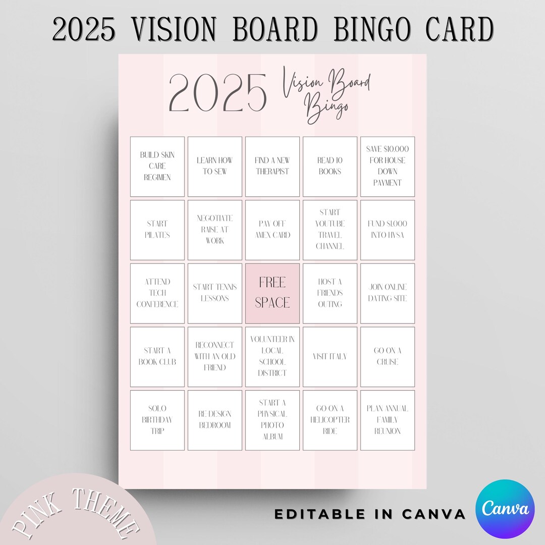 Vision Board Bingo | Editable Canva Bingo Template | 2025 Goal Planner ...