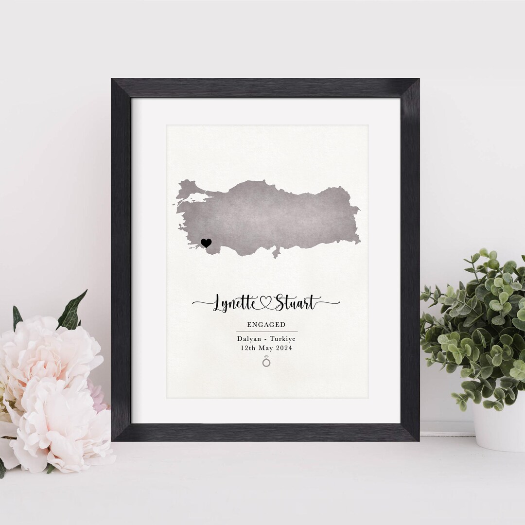 Personalised Engagement Map Gift, Turkey Map, Engagement Location Print ...