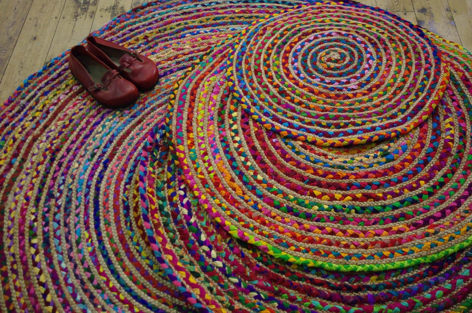Hand Made ROUND Rainbow colour Braided COTTON & JUTE Rag Rug | Etsy