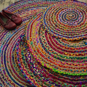 Hand Made ROUND Rainbow Colour Braided COTTON & JUTE Rag Rug Recycled ...