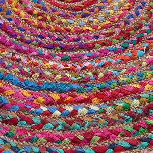 Hand Made ROUND Rainbow Colour Braided COTTON & JUTE Rag Rug Recycled ...