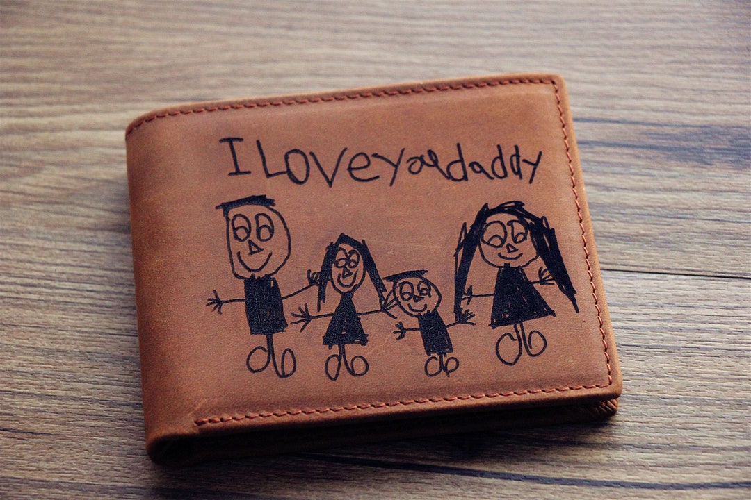 Men's Leather Wallet, Kid Drawing Wallet, Dad Wallet, Engraved Husband ...