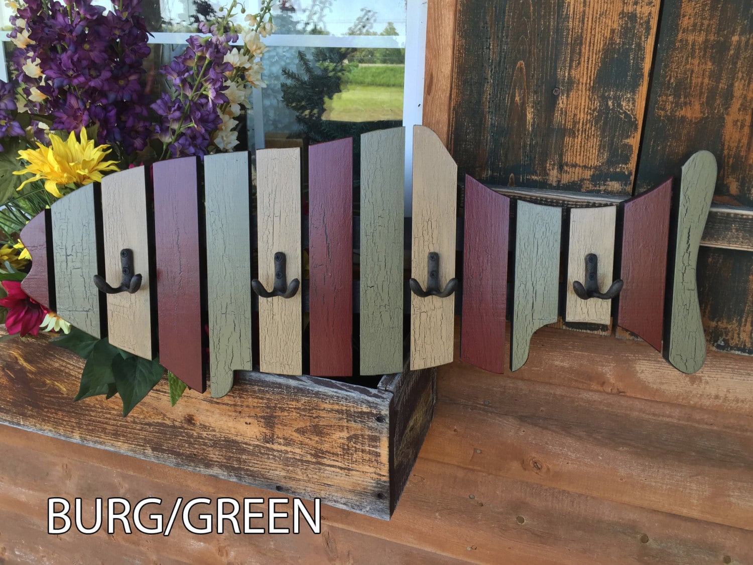 COAT RACK FISH Shaped Towel Reclaimed Wood 6 metal hooks Lake Home Wall ...