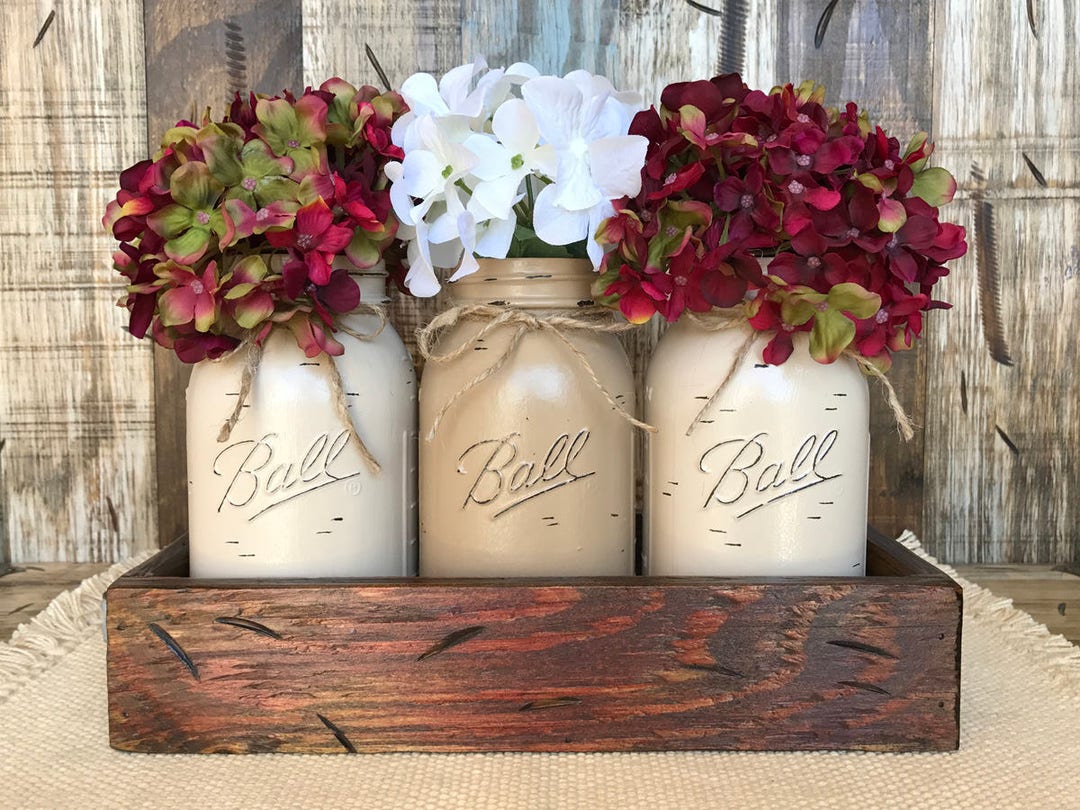 MASON Jar Decor Centerpiece (flowers Optional) -antique Wood TRAY Rusty ...