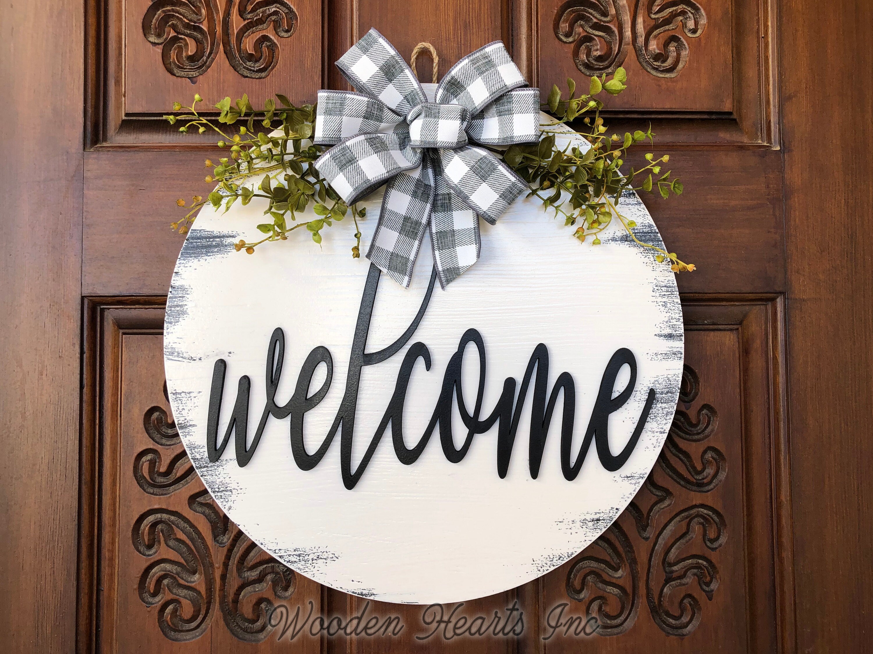 Welcome Front Door Hanger 16 Round 3D Wood Letters Sign Wreath with Bow ...