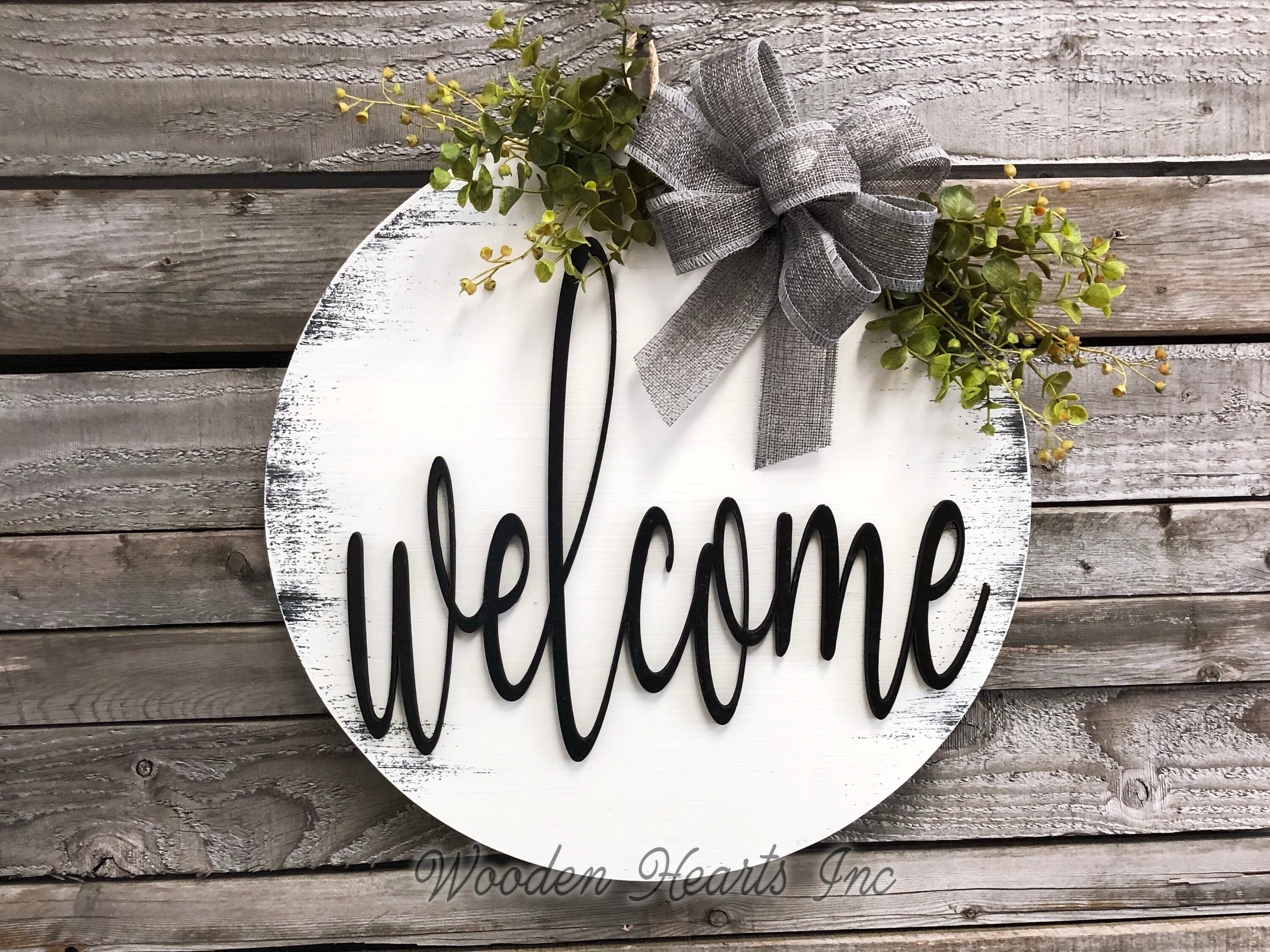 WELCOME Sign Front Door Hanger 16 Round 3D Wood Wreath OFFSET Bow ...