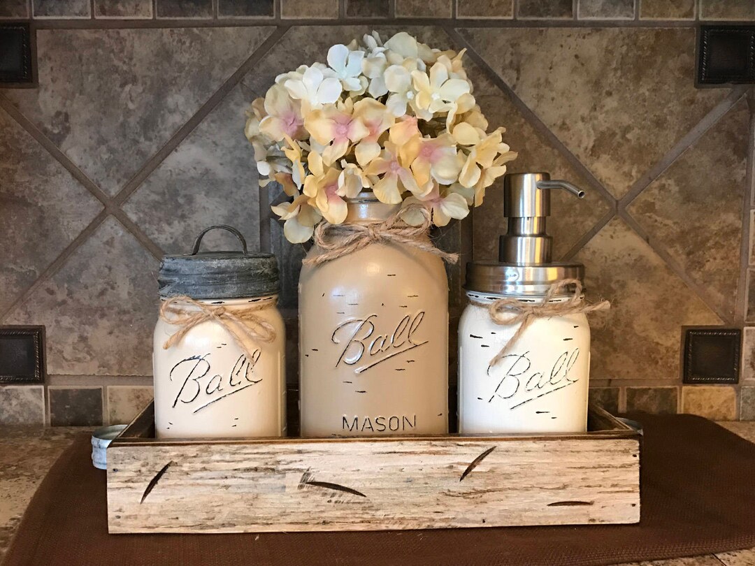 MASON Jar Kitchen or Bathroom SET in Antique White Pint TRAY, Canister ...