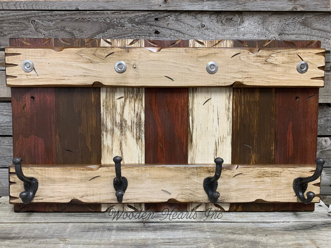 Rustic Wood Coat Rack With 4 Metal Hooks, Cabin Decor (28