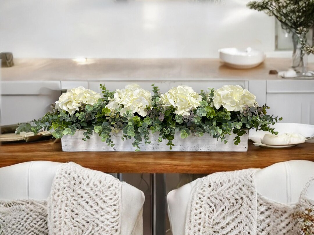 Handmade Distressed White Centerpiece Box With Hydrangeas & Eucalyptus ...