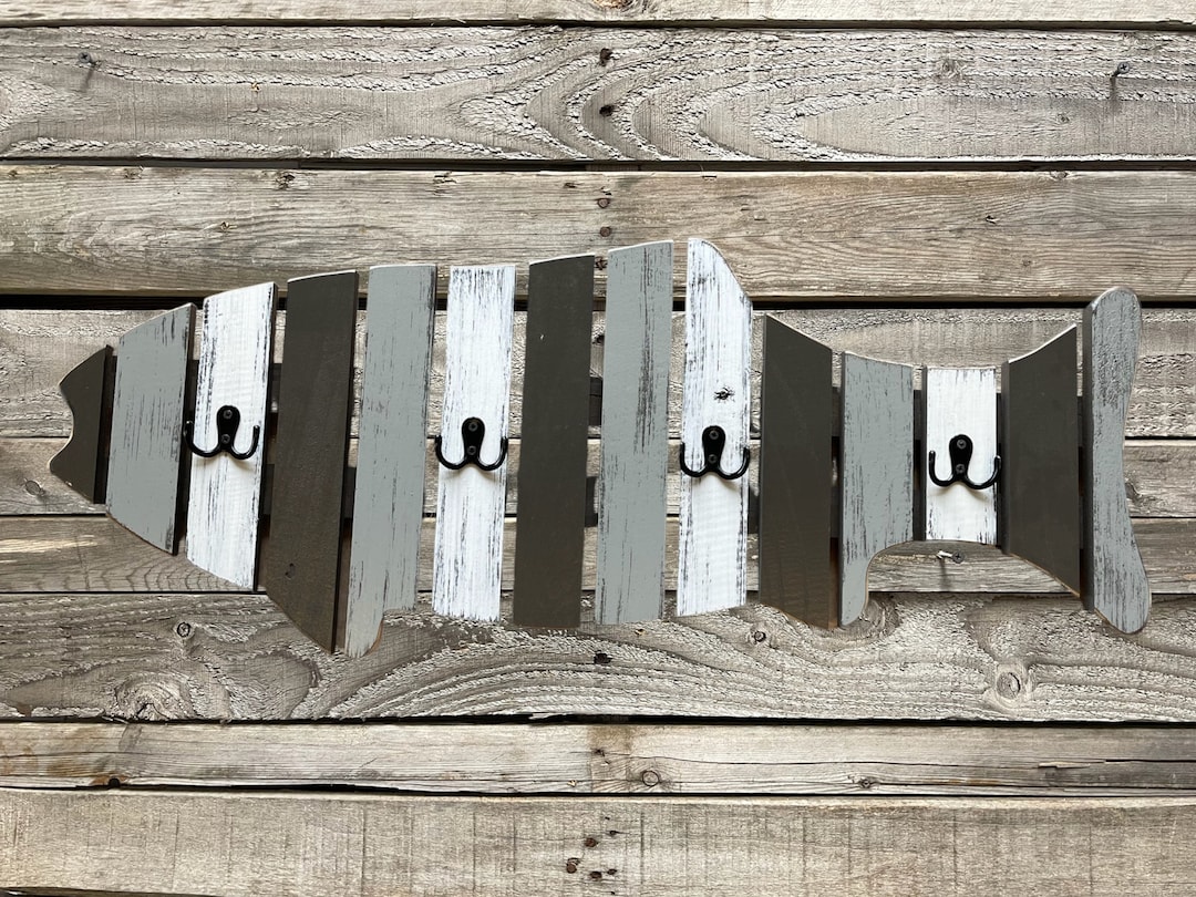 COAT RACK FISH Shaped Towel Reclaimed Wood Metal Hooks Lake Home Wall ...