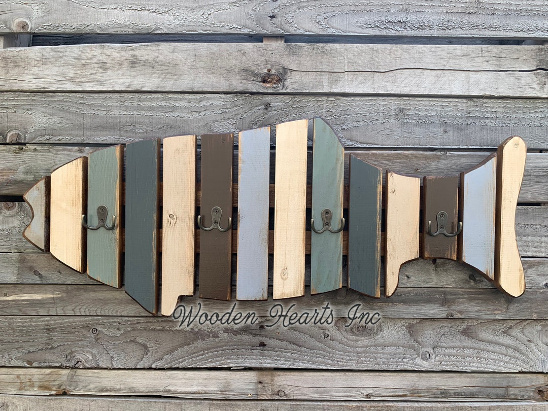 COAT RACK Wall FISH Shaped Reclaimed Wood Metal Towel Hooks Lake Home ...