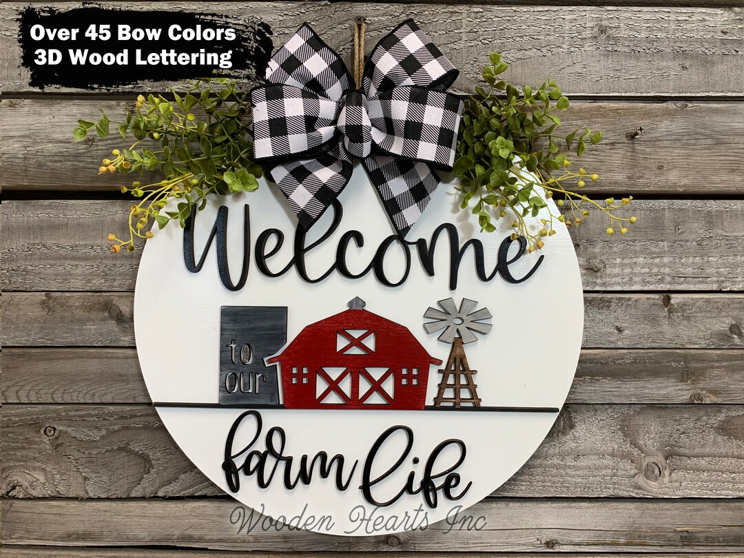 FARM Sign Wood, WELCOME to Our Farm Life, Front Door Hanger 16" Round ...