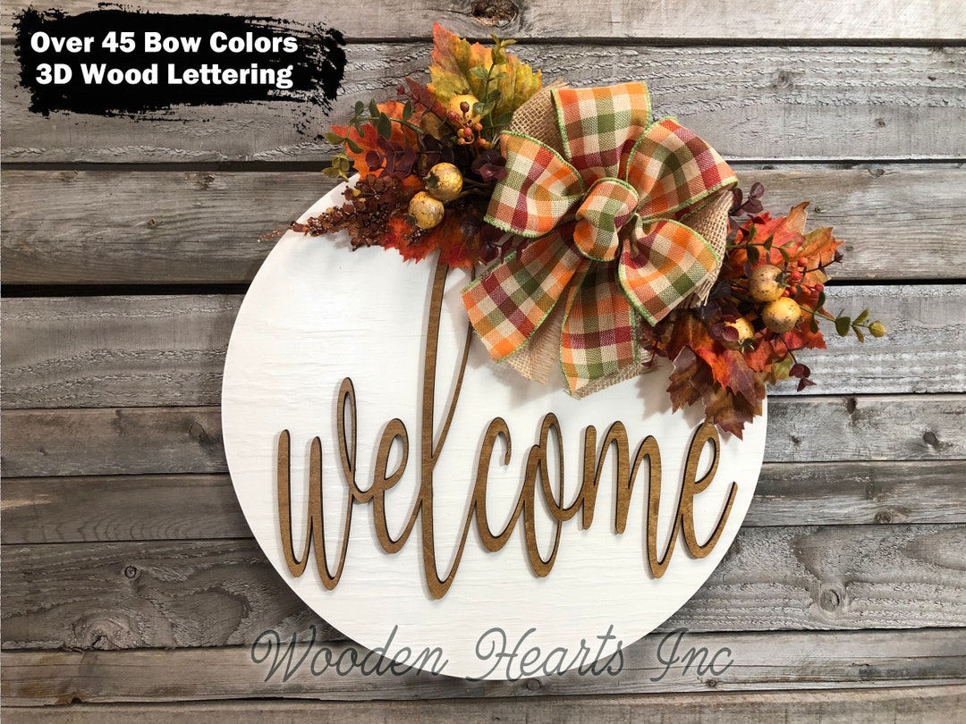 FALL Door Hanger Wreath, WELCOME or Hello, Wood Round Sign 12" or 16 ...
